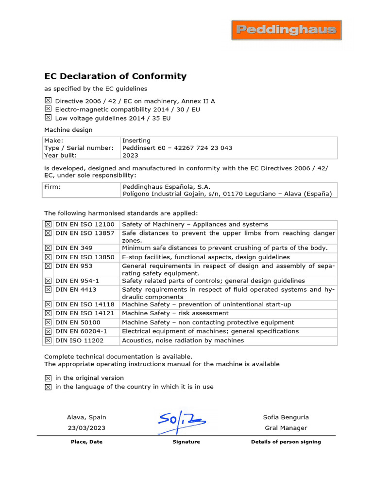 EC Declaration of Conformity for Machinery | PDF | Technology & Engineering