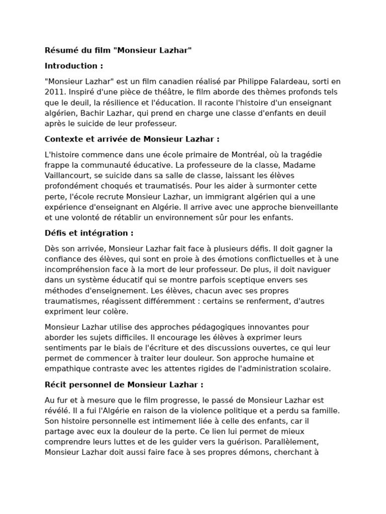 Monsieur Lazhar : Éducation et résilience | PDF | Résilience ...