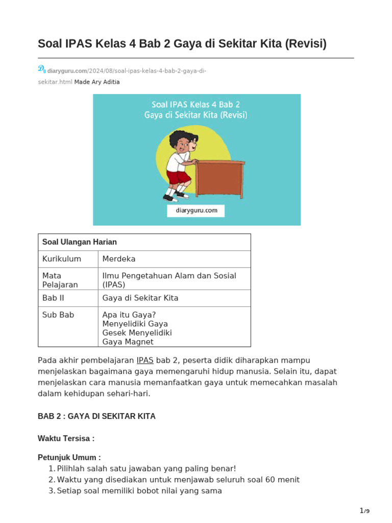 Soal IPAS Kelas 4 Bab 2 Gaya Di Sekitar Kita Revisi | PDF