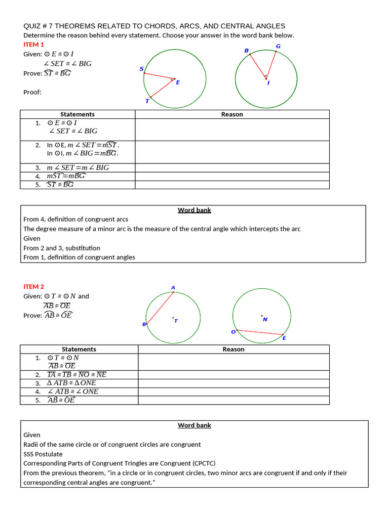 Quiz # 7 Theorems Related To Chords, Arcs, and Central Angles | PDF ...