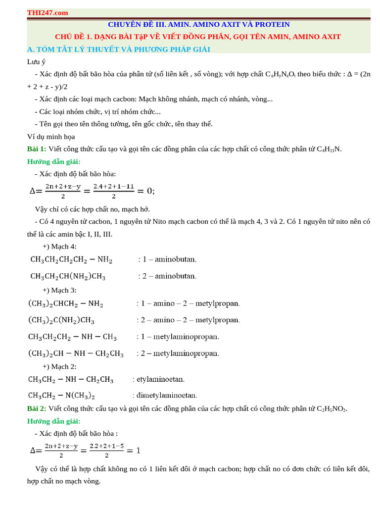 Phan Dang Va Bai Tap Chuyen de Amin Amino Axit Va Protein Co Dap An Va Loi Giai | PDF