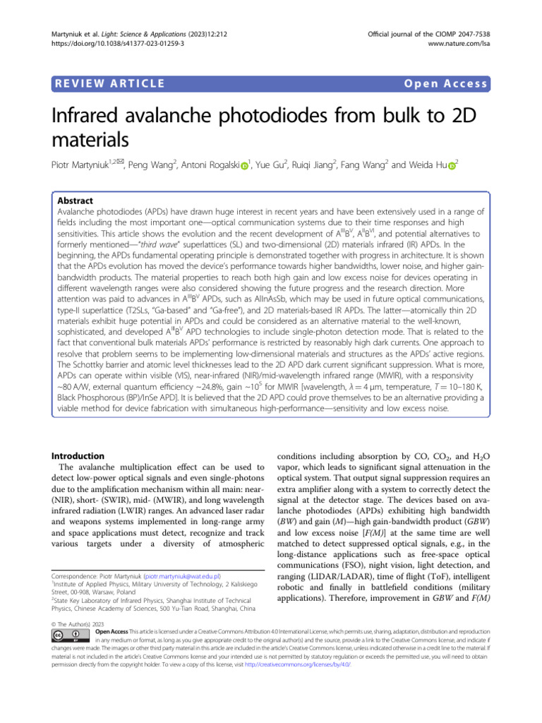 Infrared Avalanche Photodiodes From Bulk To 2D Materials: Reviewarticle ...
