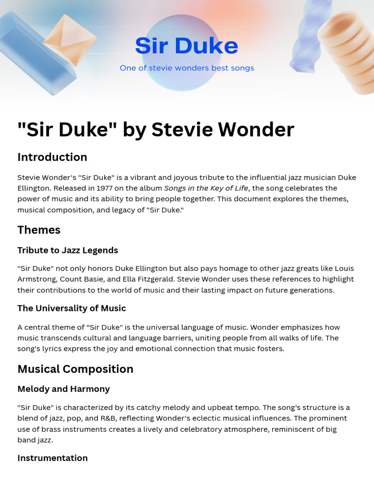 Sir Duke by Stevie Wonder | PDF | Jazz | Songs