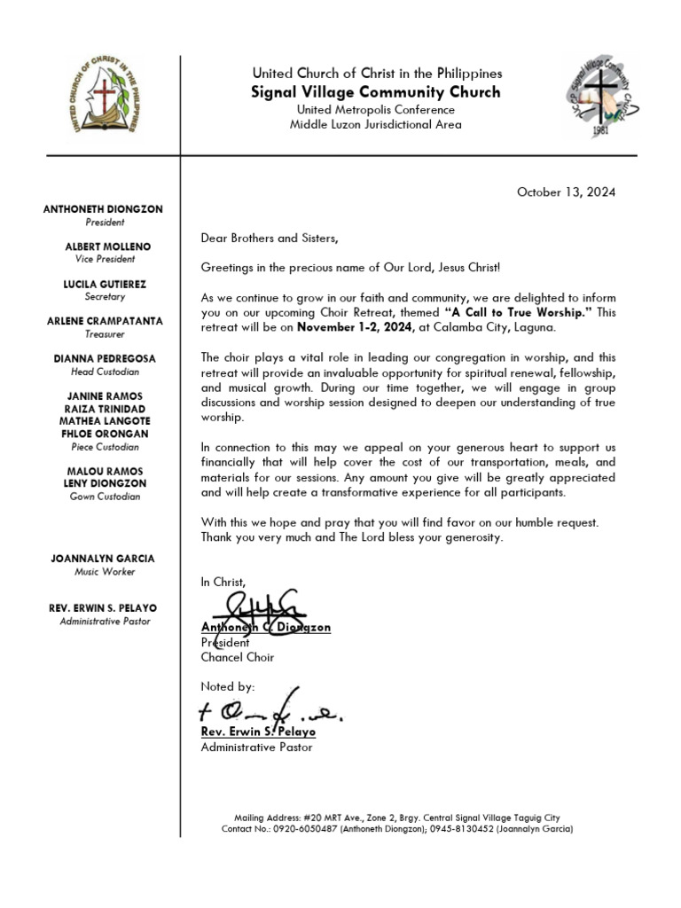 Choir Retreat Solicitation Letter | PDF | Protestantism | Christian ...