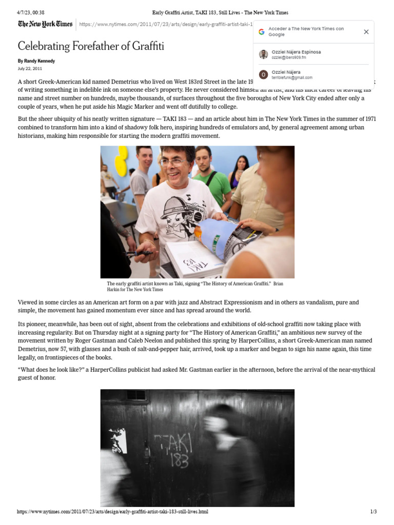 Early Graffiti Artist, TAKI 183, Still Lives - The New York Times | PDF