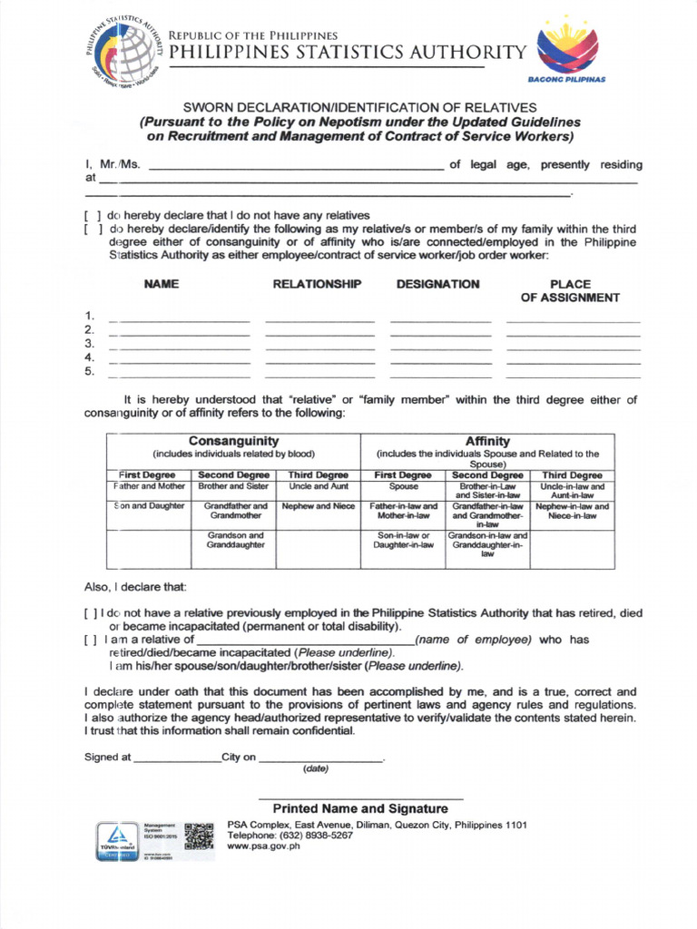 Sworn Declaration - Identification of Relatives | PDF | Social ...