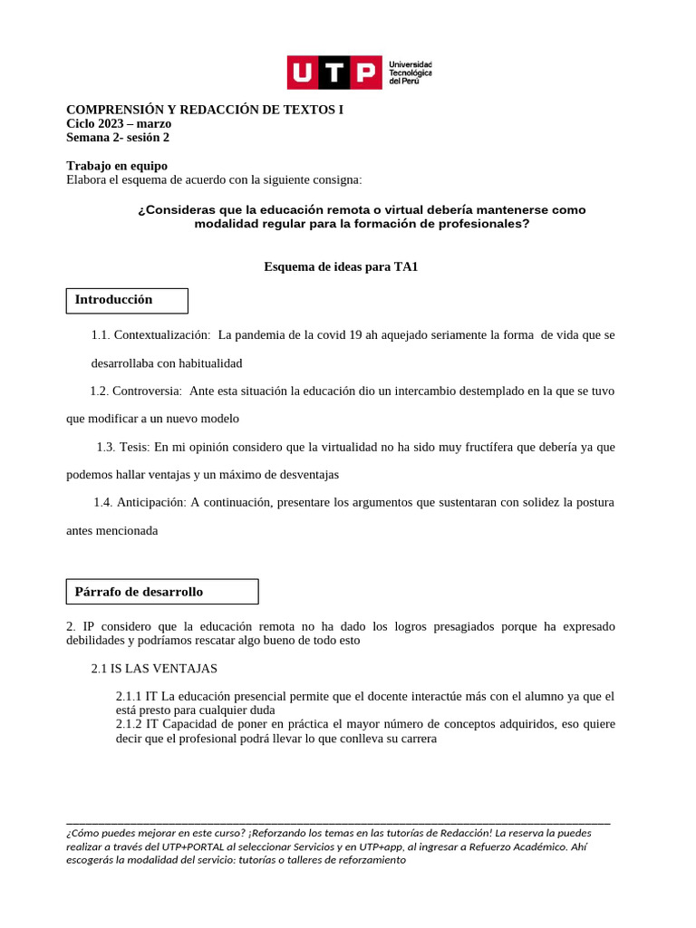S02.s2-Esquema para TA1 (Material) 2023 Marzo | PDF | Enseñando | Aprendizaje