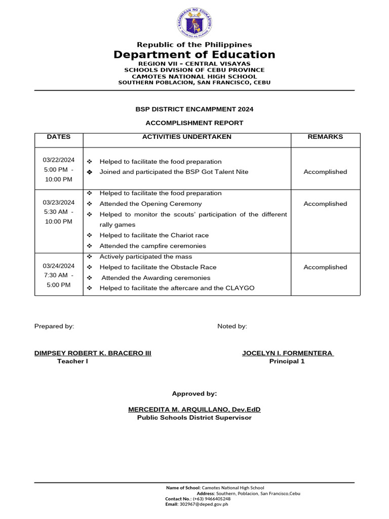 Bsp District Encampment Accomplishment Report | PDF