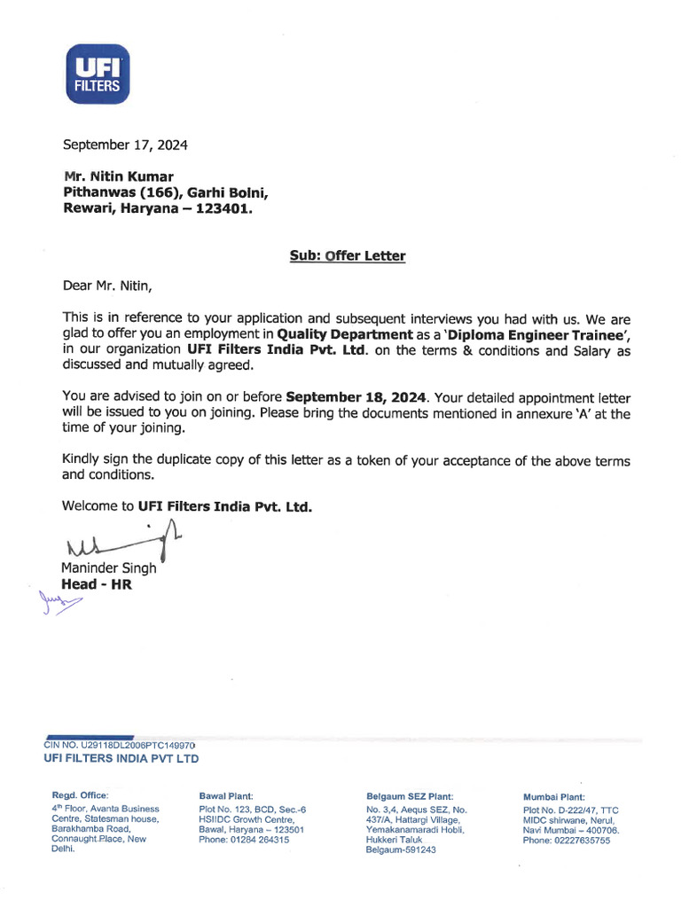 Offer Letter - Mr. Nitin Kumar | PDF