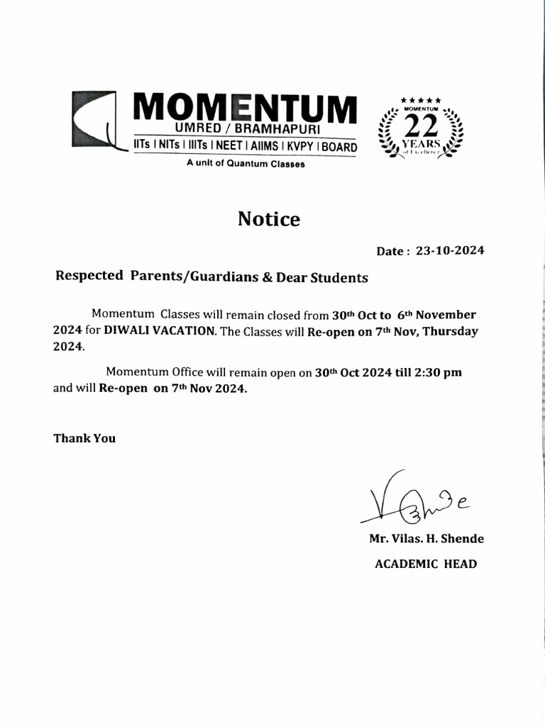 Diwali Vacation Notice | PDF