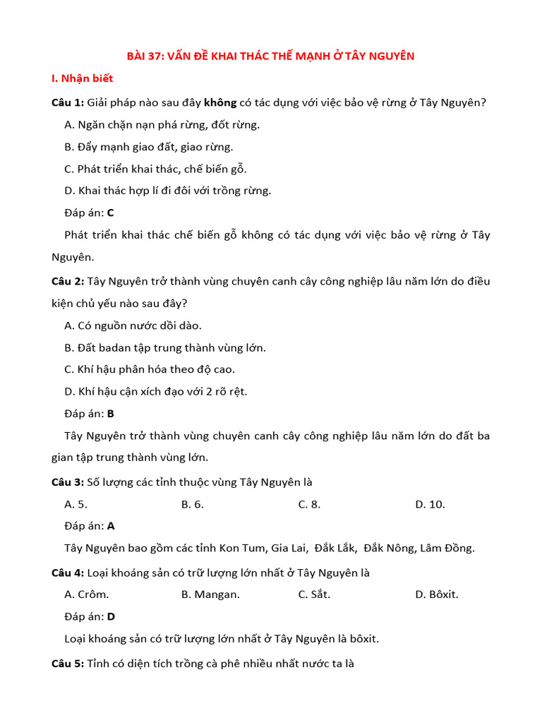 Trac Nghiem Dia Li Bai 37 Co Dap An Van de Khai Thac o The Manh Tay NG | PDF