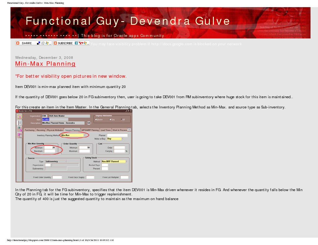 Min-Max Planning in Oracle Inventory | PDF | Point Of Sale | Inventory