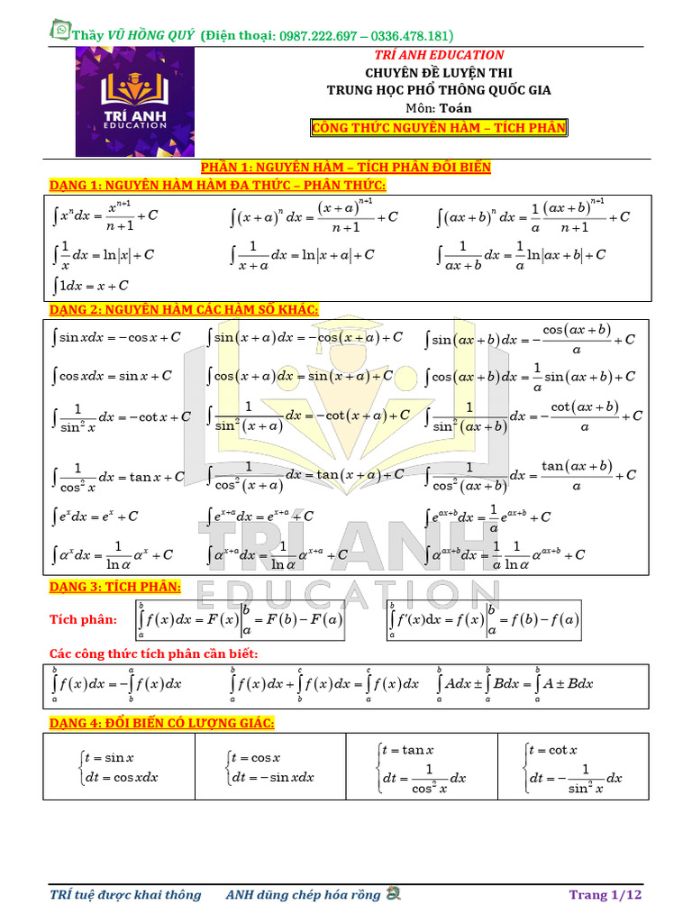 T NG H P Công TH C Nguyên Hàm Tích Phân | PDF