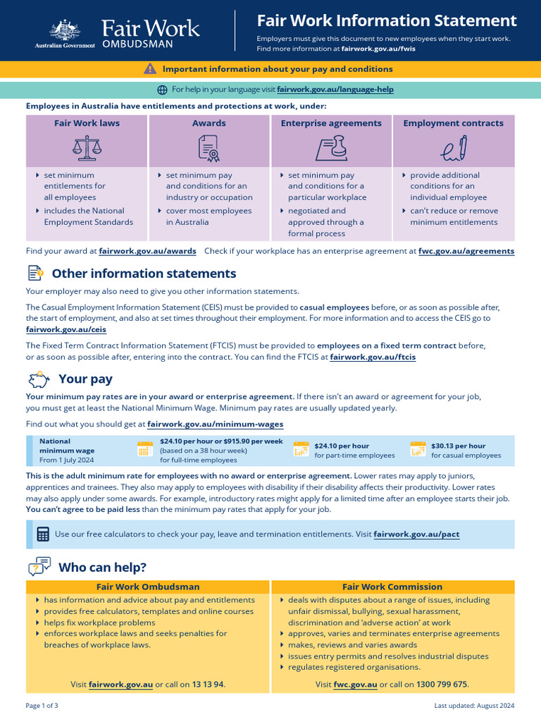 Fair Work Information Statement 2024 | PDF | Employment | Industrial ...