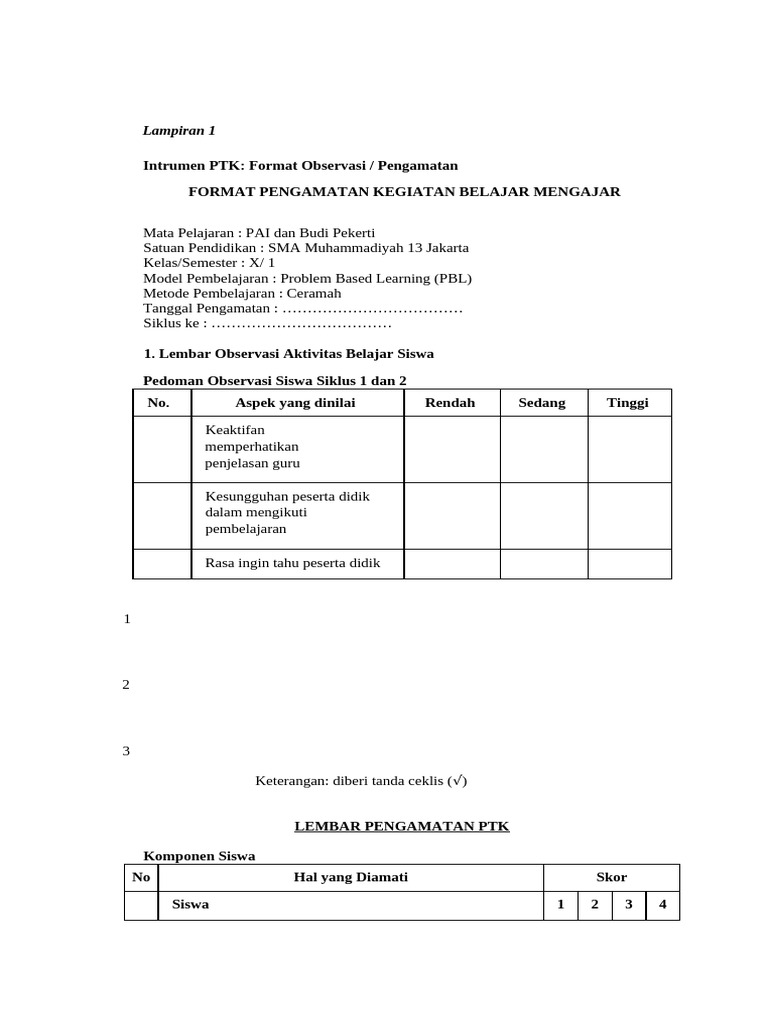 Contoh Format Instrumen PTK Ahmad Yasin | PDF