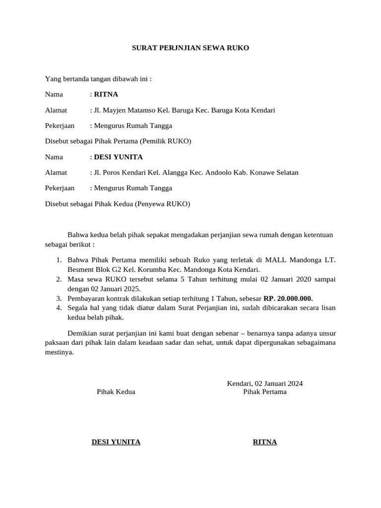 Surat Perjanjian Sewa Ruko Kendari | PDF