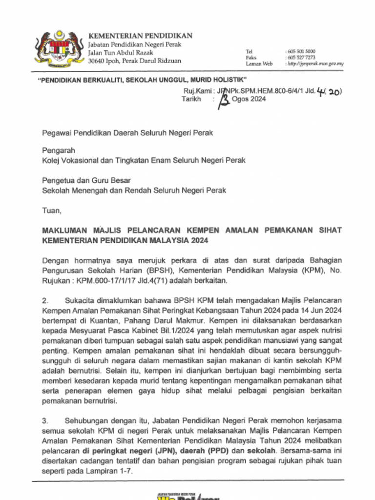 Makluman Majlis Pelancaran Kempen Amalan Pemakanan Sihat KPM 2024 | PDF