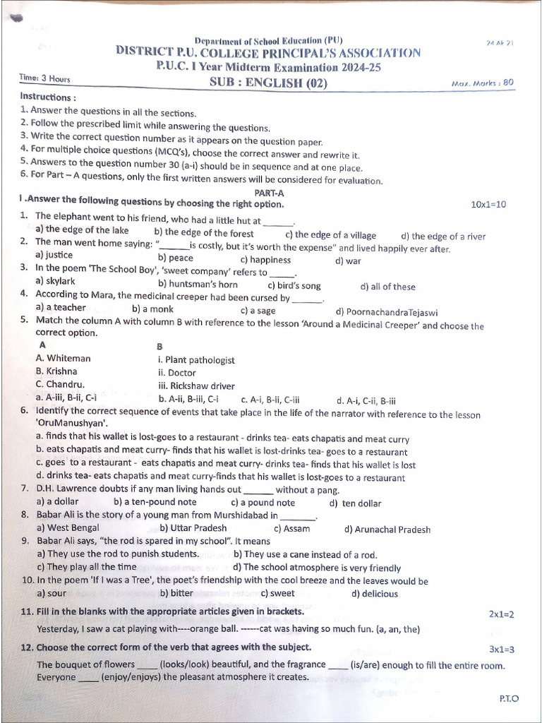 1st PU English MT QP | PDF