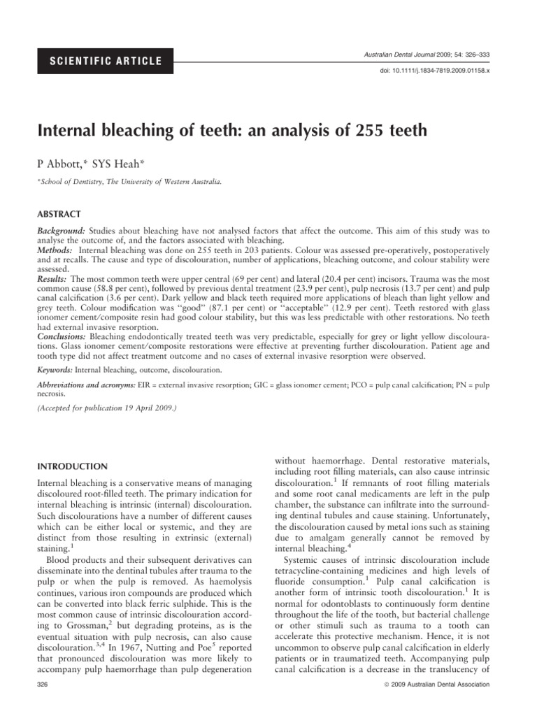 02 - 01 Internal Bleaching of Teeth An Analysis of 255 Teeth | PDF ...