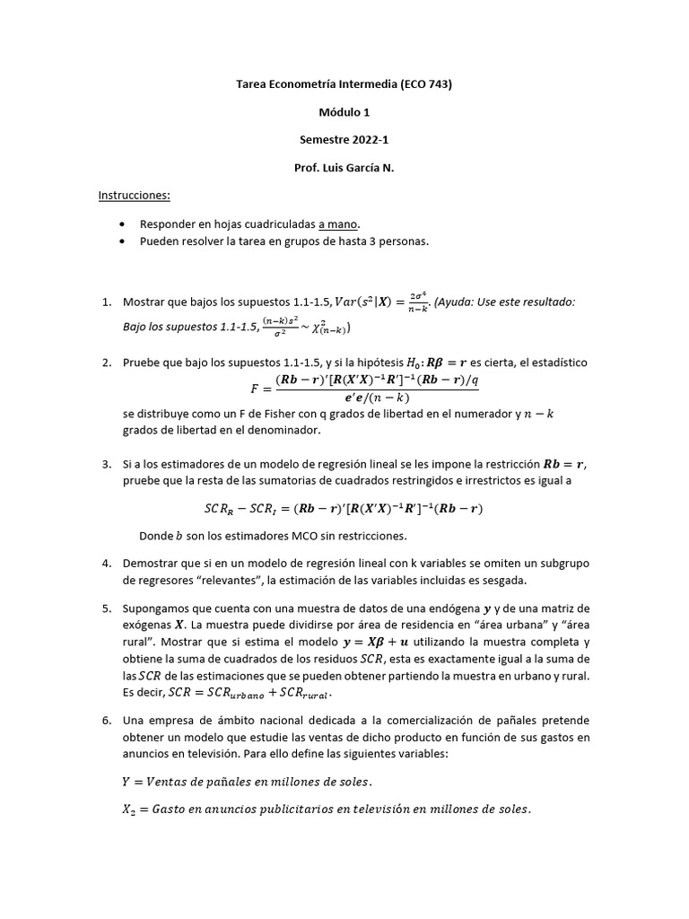 Tarea - Econometría - Intermedia 2022 - Módulo 1 | PDF | Mínimos cuadrados ordinarios | Econometría
