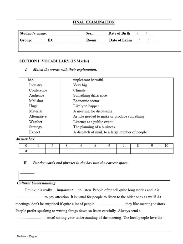 Student's Name:: Final Examination Sex: Date of Birth Group: ID: Room ...