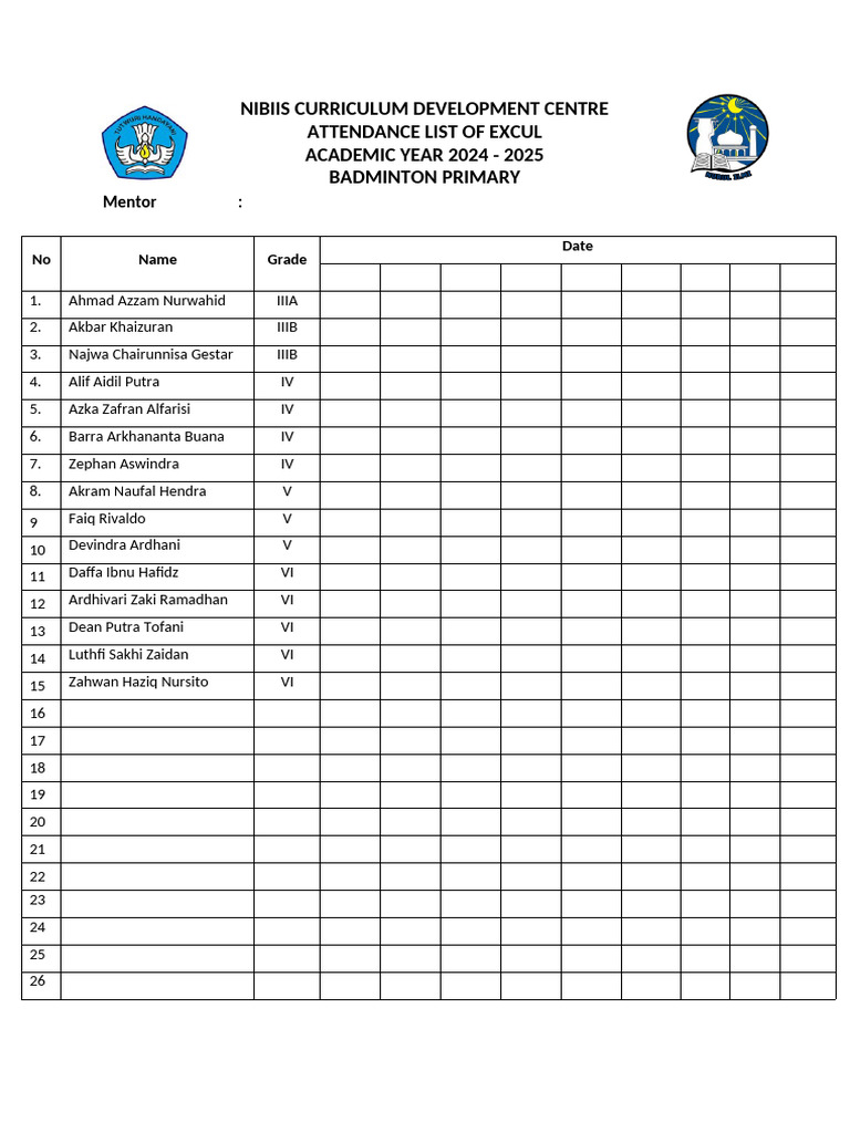 NIBIIS Badminton Attendance 2024-2025 | PDF