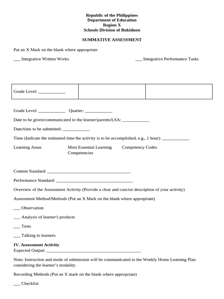 Summative Assessment Template | PDF | Career & Growth