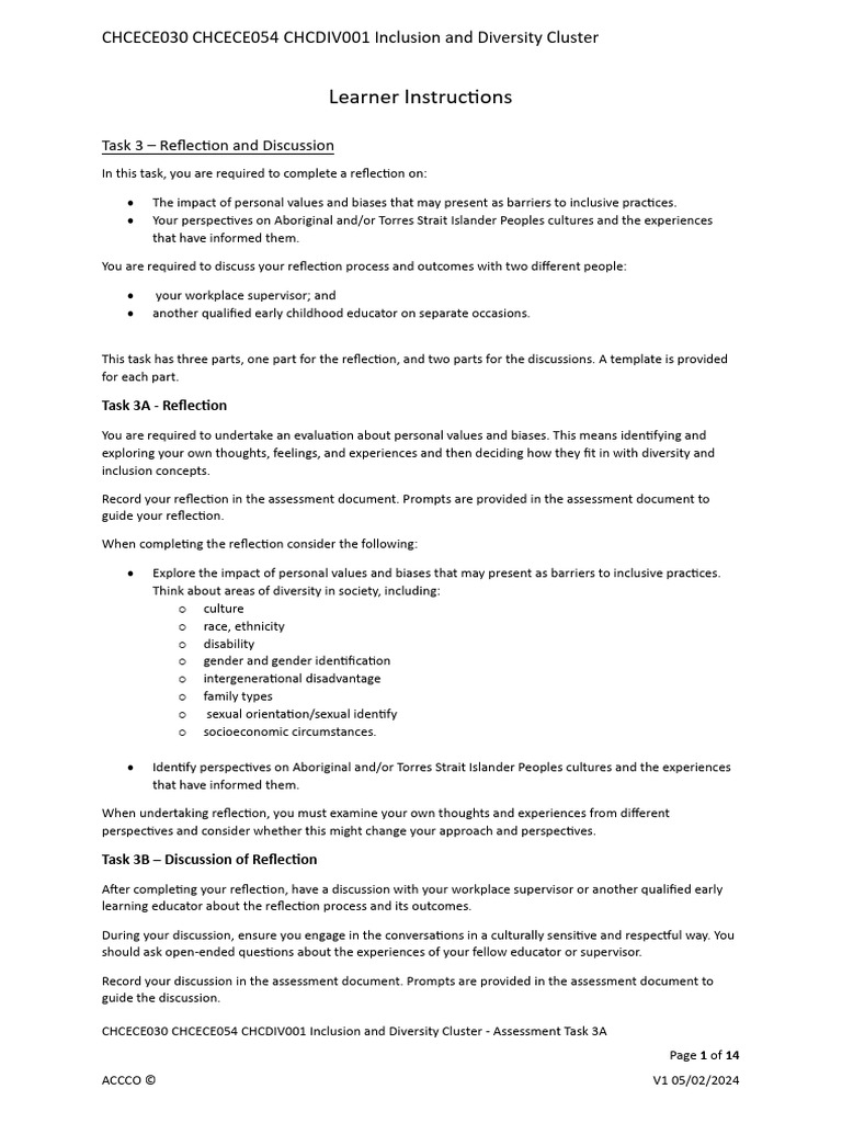CHCECE030 CHCECE054 CHCDIV001 Inclusion and Diversity Cluster - Assessment Task 3A | PDF | Bias ...
