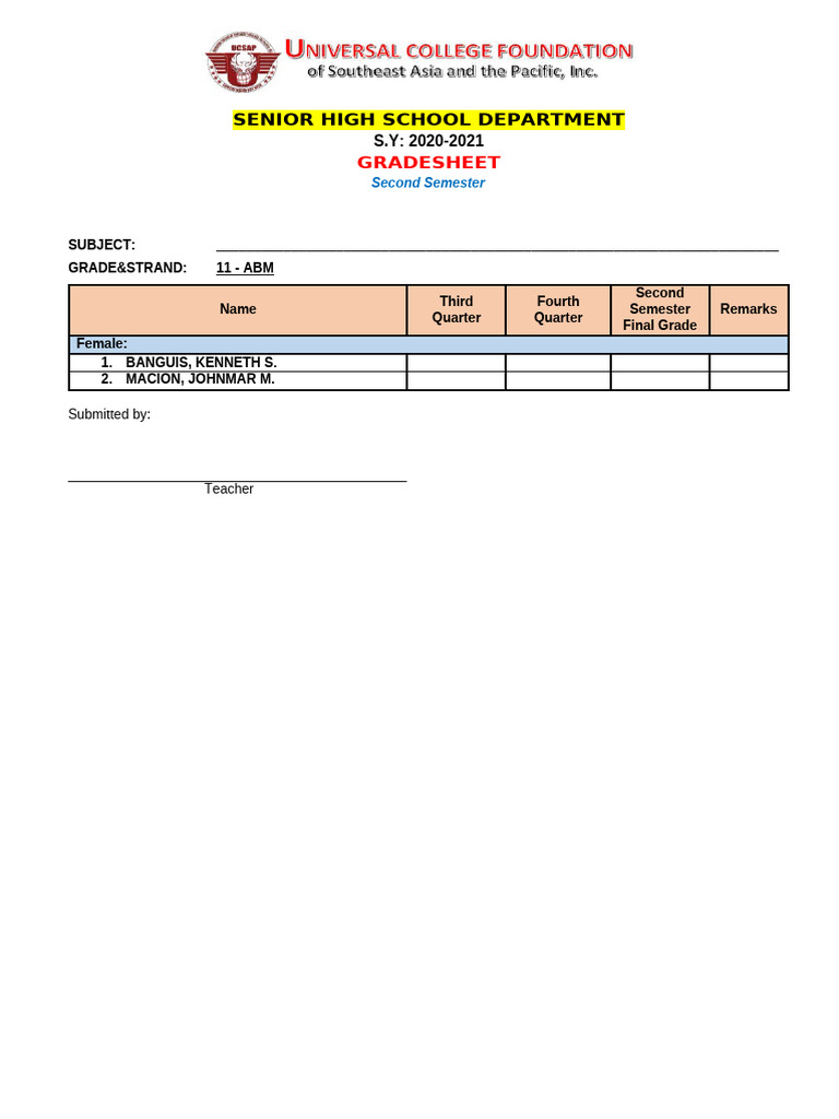 Senior High School Grade Sheet 2021 | PDF