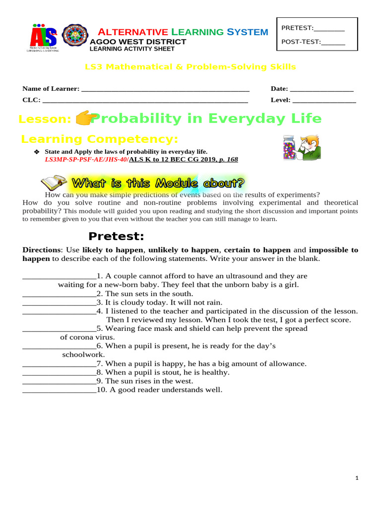 week1-AE-LS3 Math LAS (Law of Probability) | PDF | Odds | Cognition
