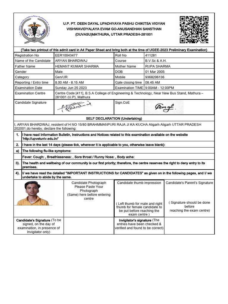 Admit Card for UGEE-2023 Exam | PDF | Authentication | Access Control