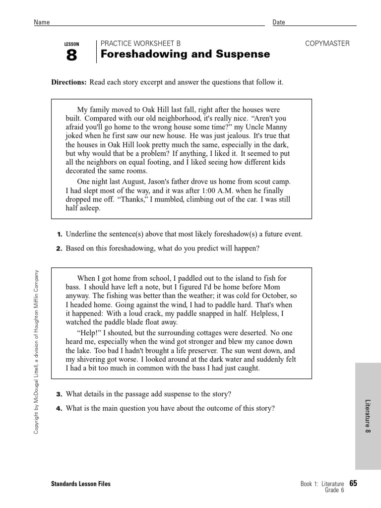 G Lesson 8 Foreshadowing and Suspense Practice B Ws 65 | PDF