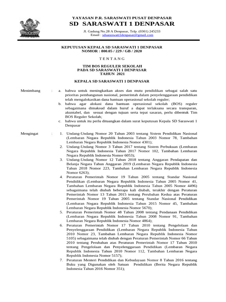 Keputusan Tim BOS SD Saraswati 1 Denpasar | PDF
