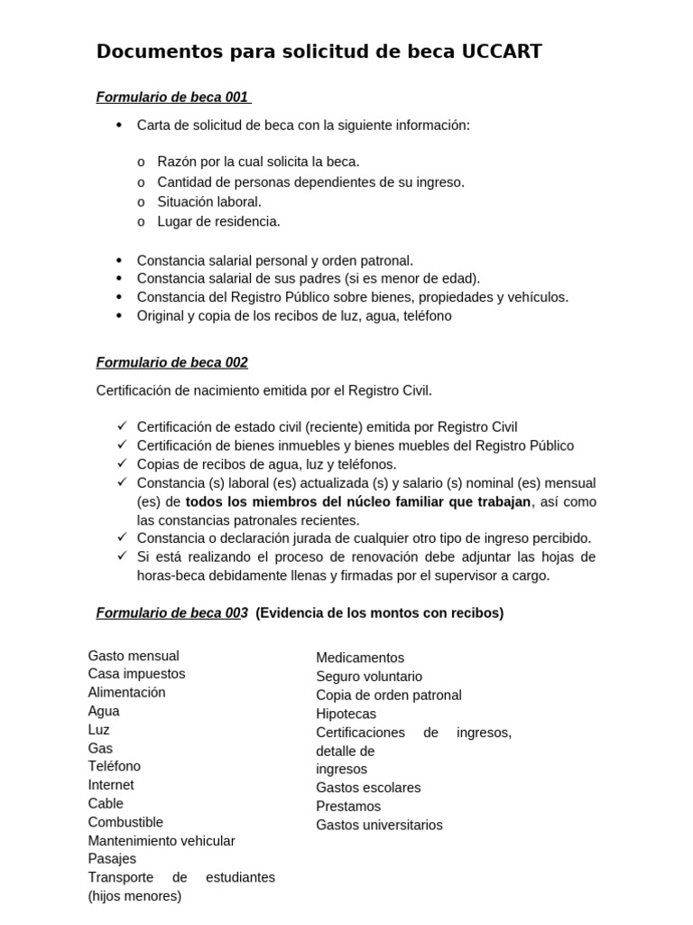 Documentos para Solicitud de Beca UCCART | PDF | Finanzas y dinero