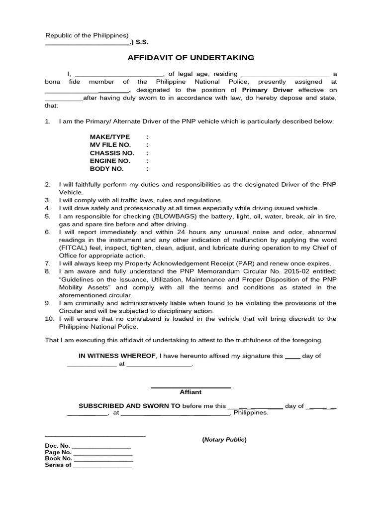 AFFIDAVIT of UNDERTAKINGS FOR DRIVERS | PDF | Affidavit | Justice