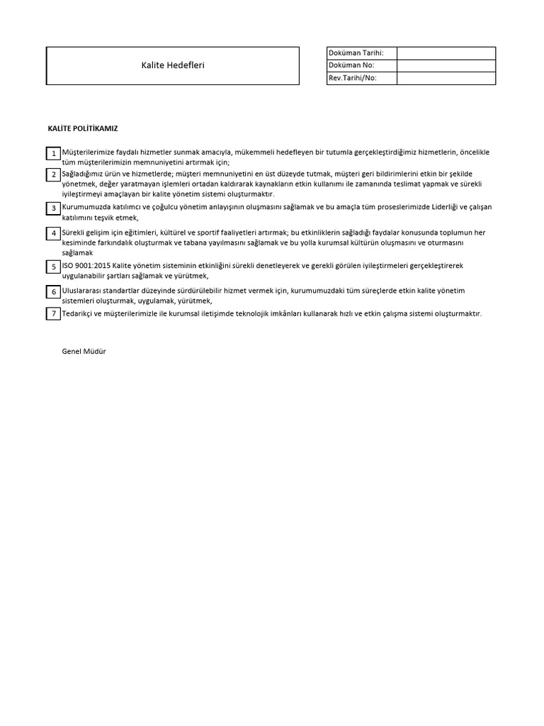 Iso 9001 2015 Ornek Kalite Politikasi | PDF