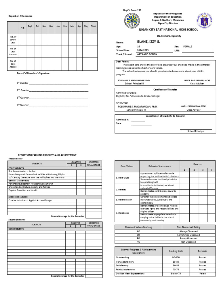 A&D Report Card 2024-2025 | PDF