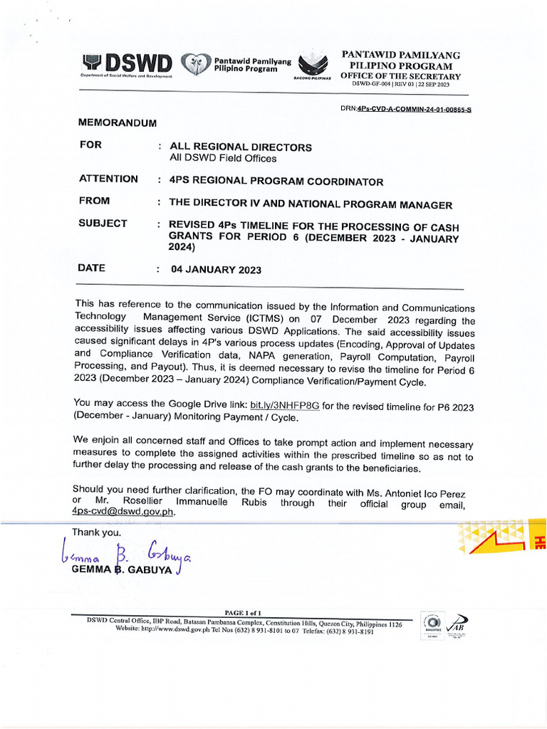 Signed 00865 Revised 4ps Timeline For The Processing of Cash Grants For ...