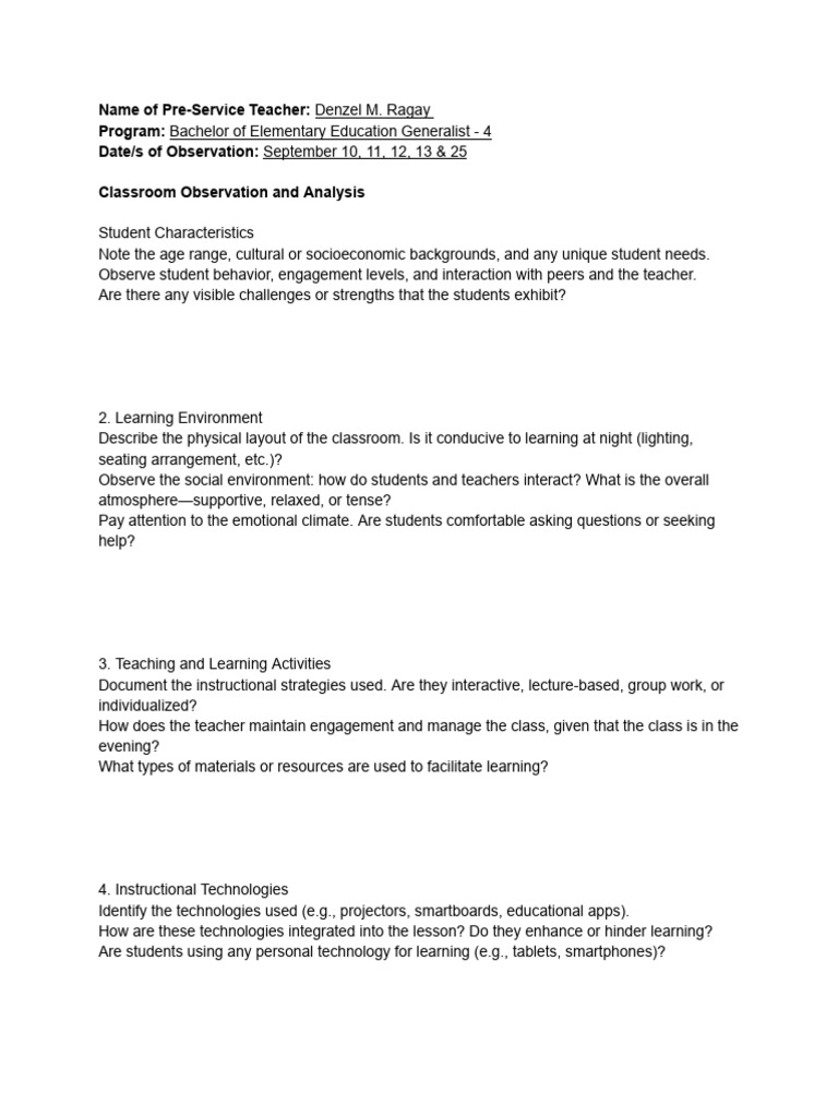 Ragay - Observation, Analysis, and Reflection From The NSP - Als Classes | PDF | Learning | Teachers