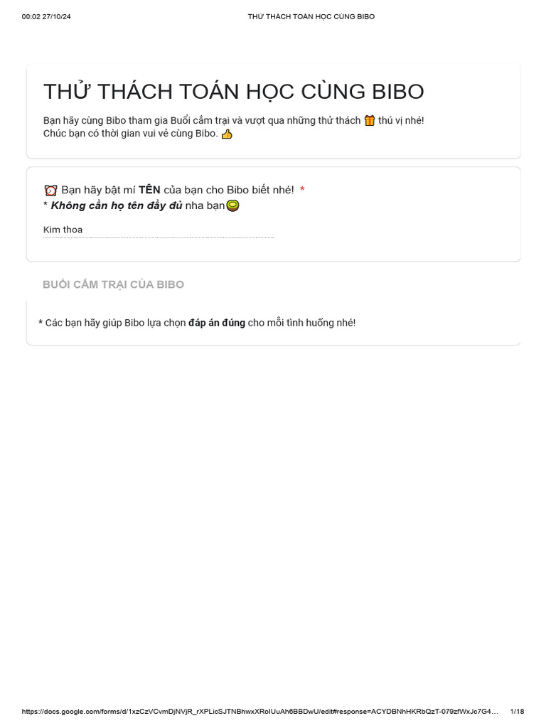 - Google Biểu Mẫu Thử Thách Toán Học Cùng Bibo | PDF