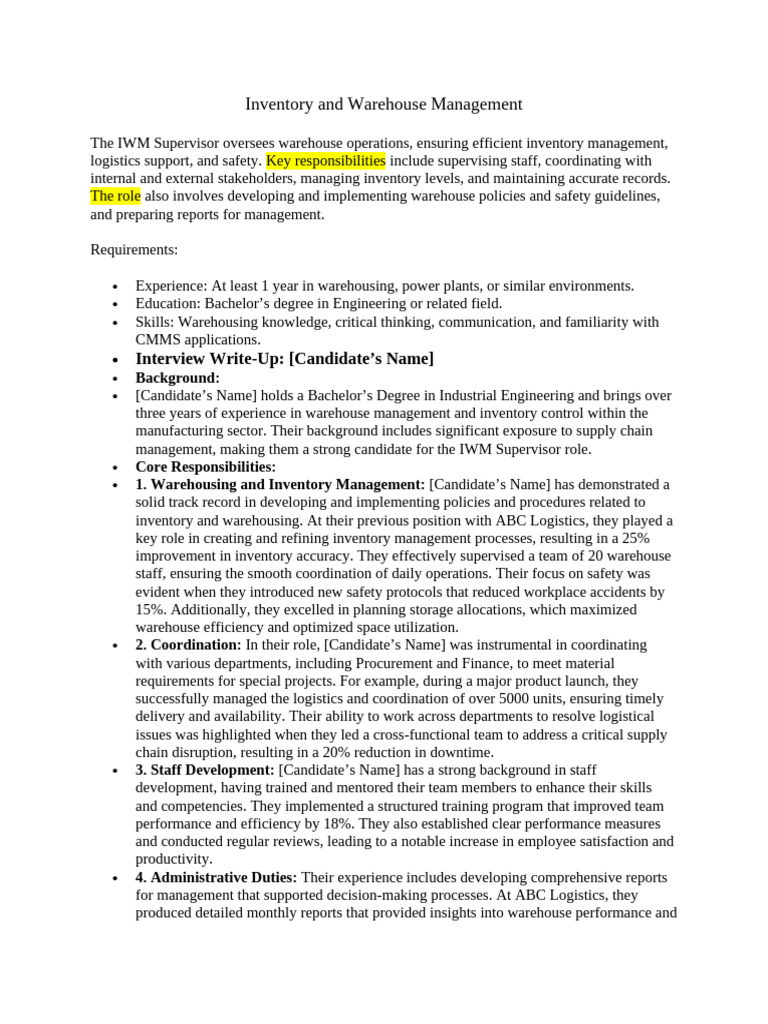 Sample Write Ups For Iwm | PDF | Warehouse | Logistics