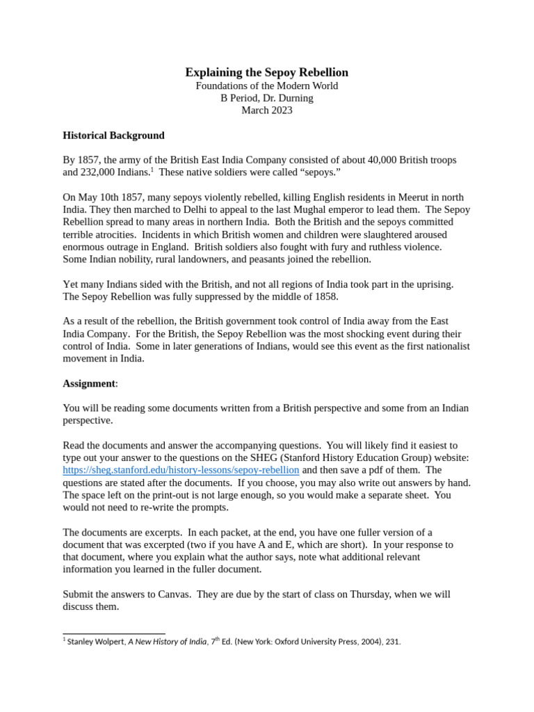 Explaining The Sepoy Rebellion | PDF | Indian Rebellion Of 1857 ...