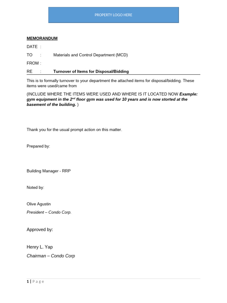 Items Disposal/Bidding Turnover Memo | PDF | Business | Technology ...