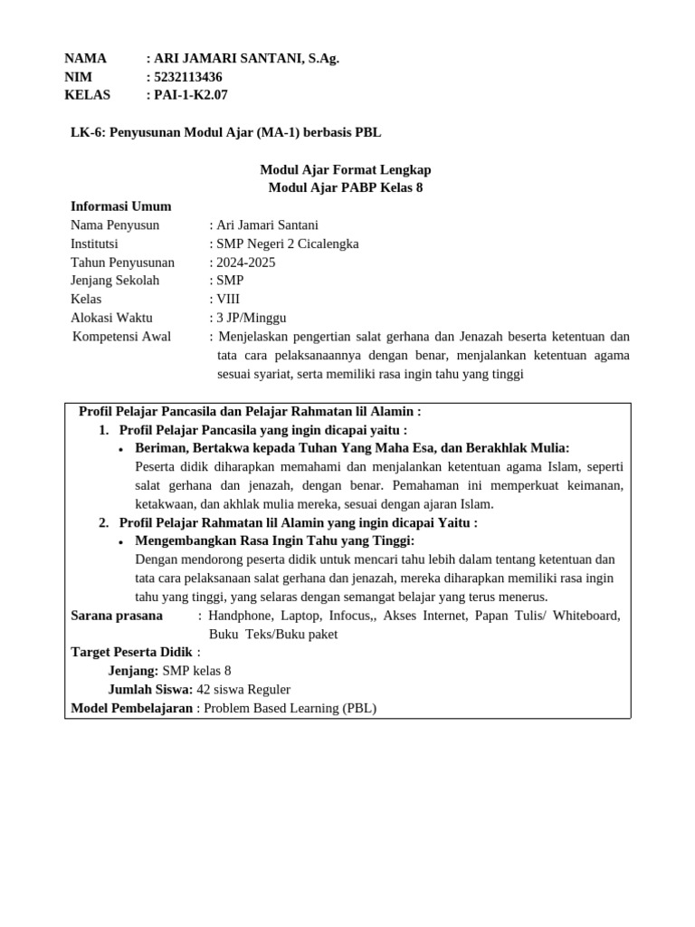 LK.6 Penyusunan Modul Ajar (MA-1) Berbasis PBL (Pilihan 1 Dan 2) | PDF | Karier & Perkembangan