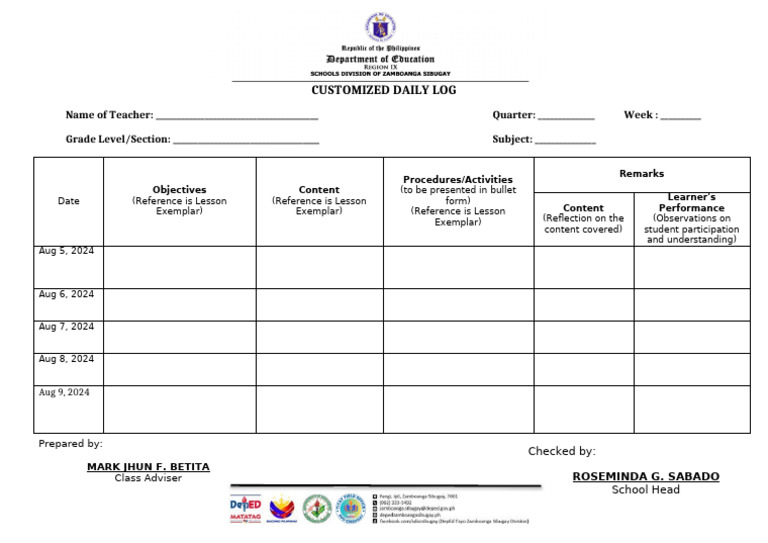 Customized Daily Lesson Log Template | PDF