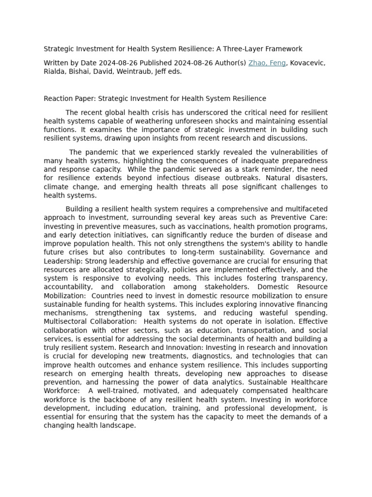 Strategic Investment For Health System Resilience | PDF | Climate ...