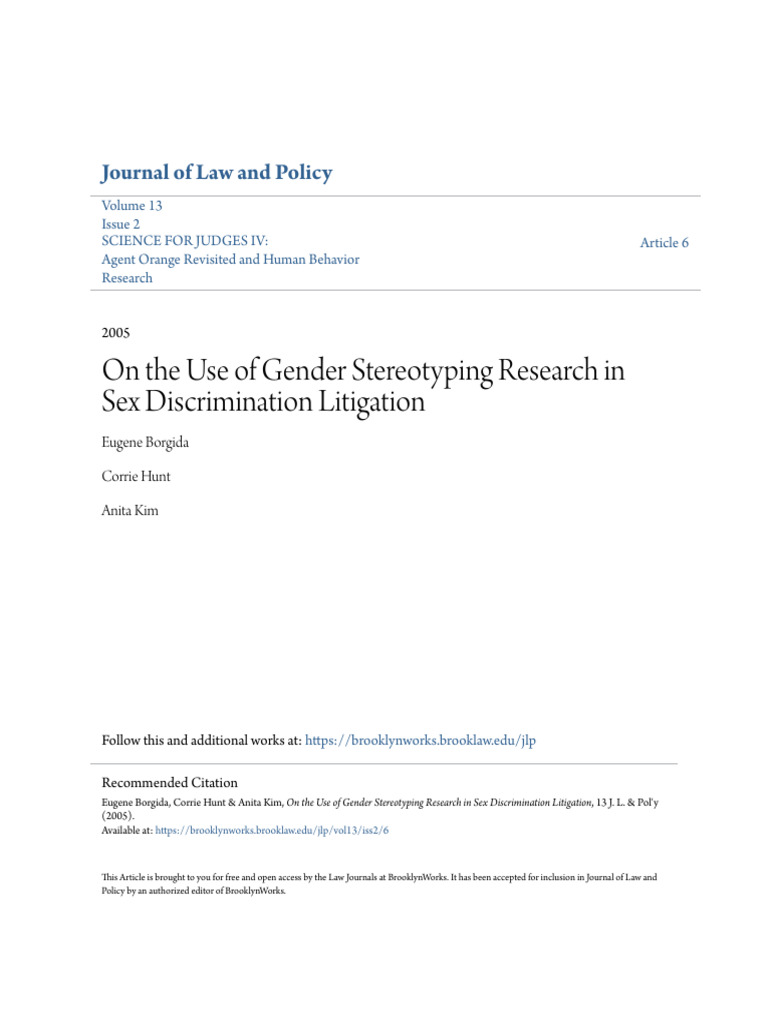 On The Use Of Gender Stereotyping Research In Sex Discrimination Pdf Stereotypes Gender