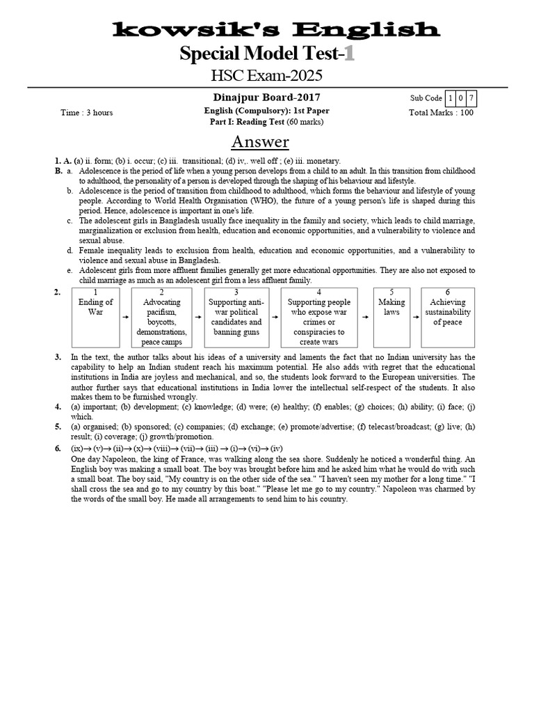 HSC English Model Test 2025 Guide | PDF | Adolescence | Violence