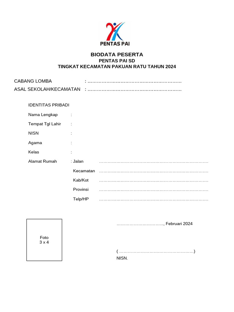 Biodata Peserta Pentas Pai SD | PDF