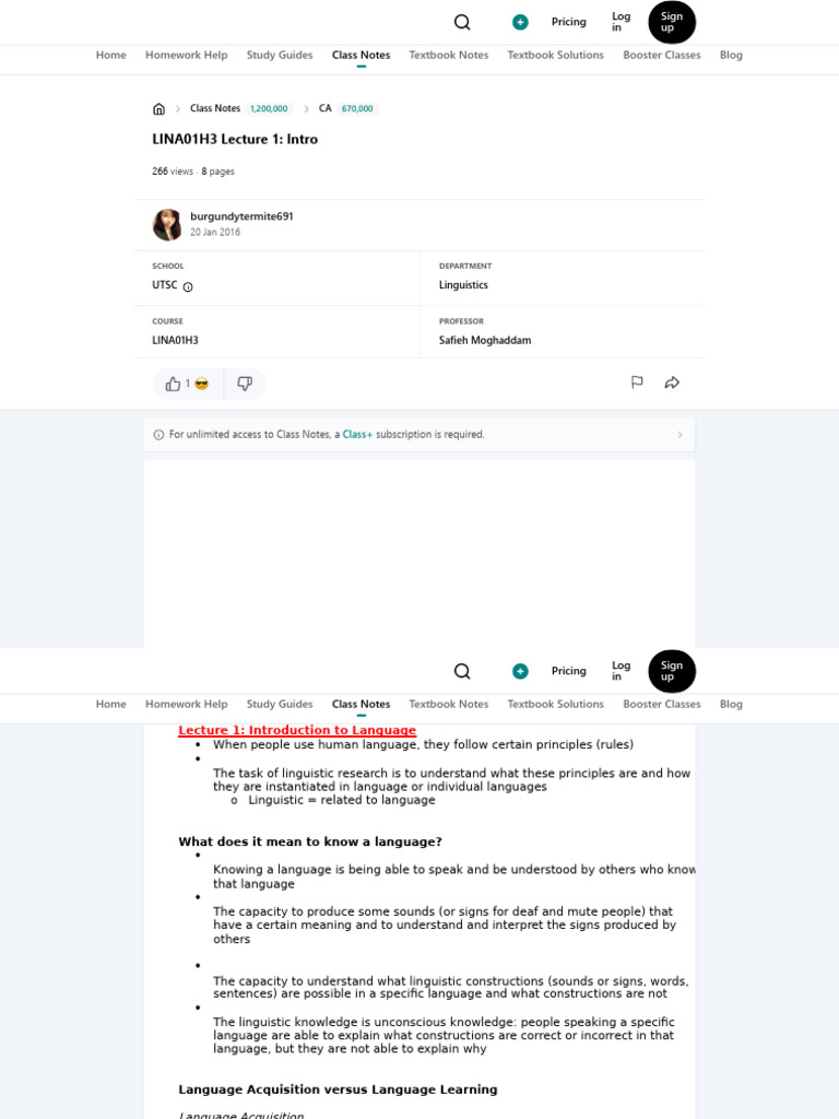LINA01H3 Lecture 1 - Intro - OneClass | PDF | Linguistics | Language Acquisition